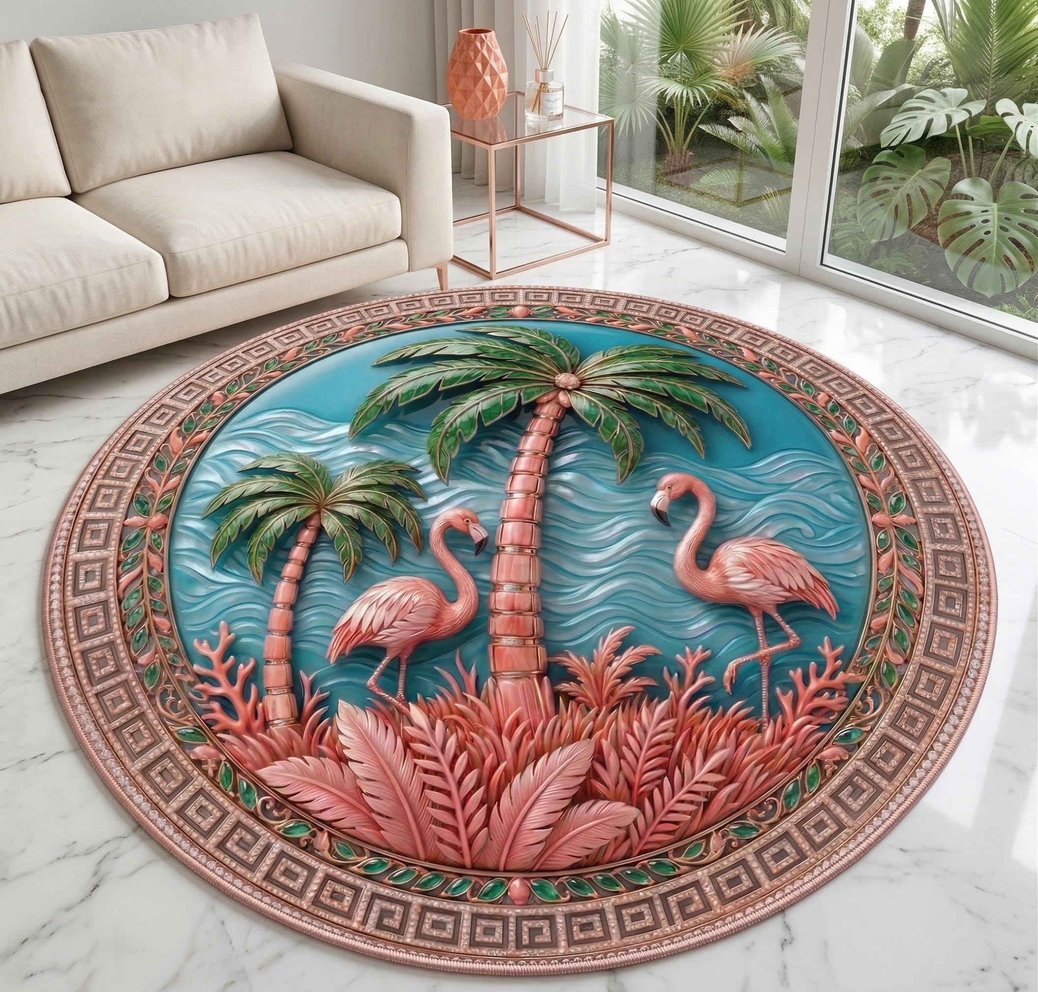 Tropical Round Rug – Flamingo & Palm Tree Summer Carpet - Etsy