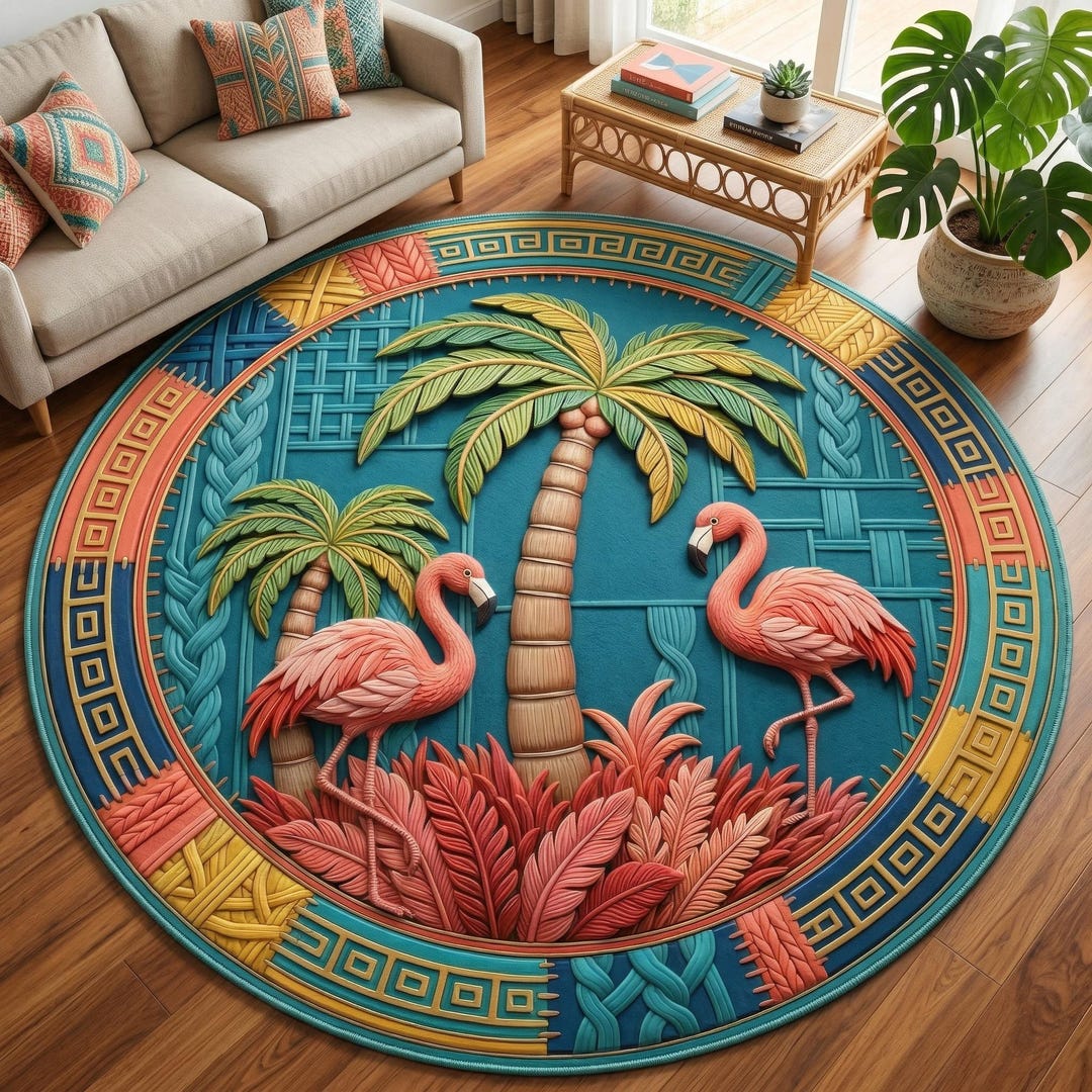 Tropical Round Rug – Flamingo & Palm Tree Summer Carpet - Etsy