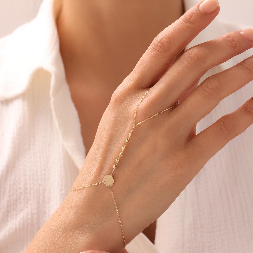 14k Solid Gold Disc Hand Chain, Stacking Dot Ring Bracelet, Minimalist ...