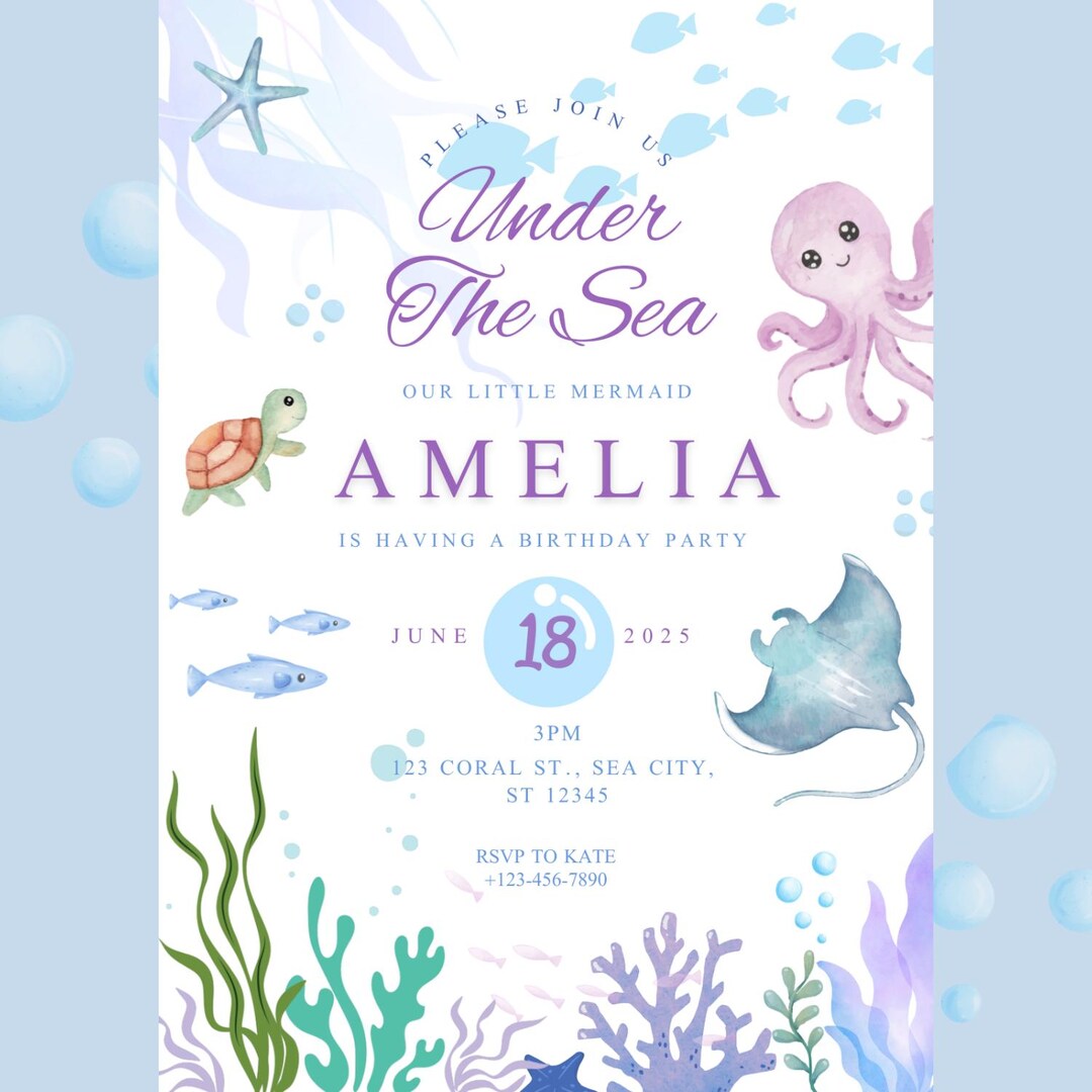 Under the Sea Birthday Invitation, Sea Animals Theme (editable Template ...