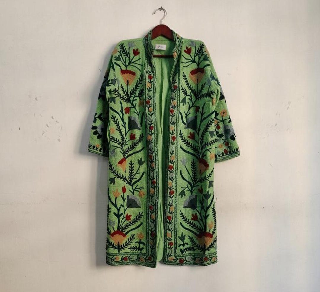 Green TNT Fabric Handmade Suzani Embroidered Jacket: Floral Kimono Coat ...