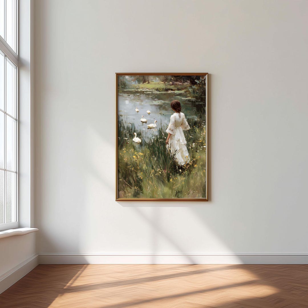 Swan Lake Art Print – Romantic Cottagecore Girl by the Water, Pastoral ...