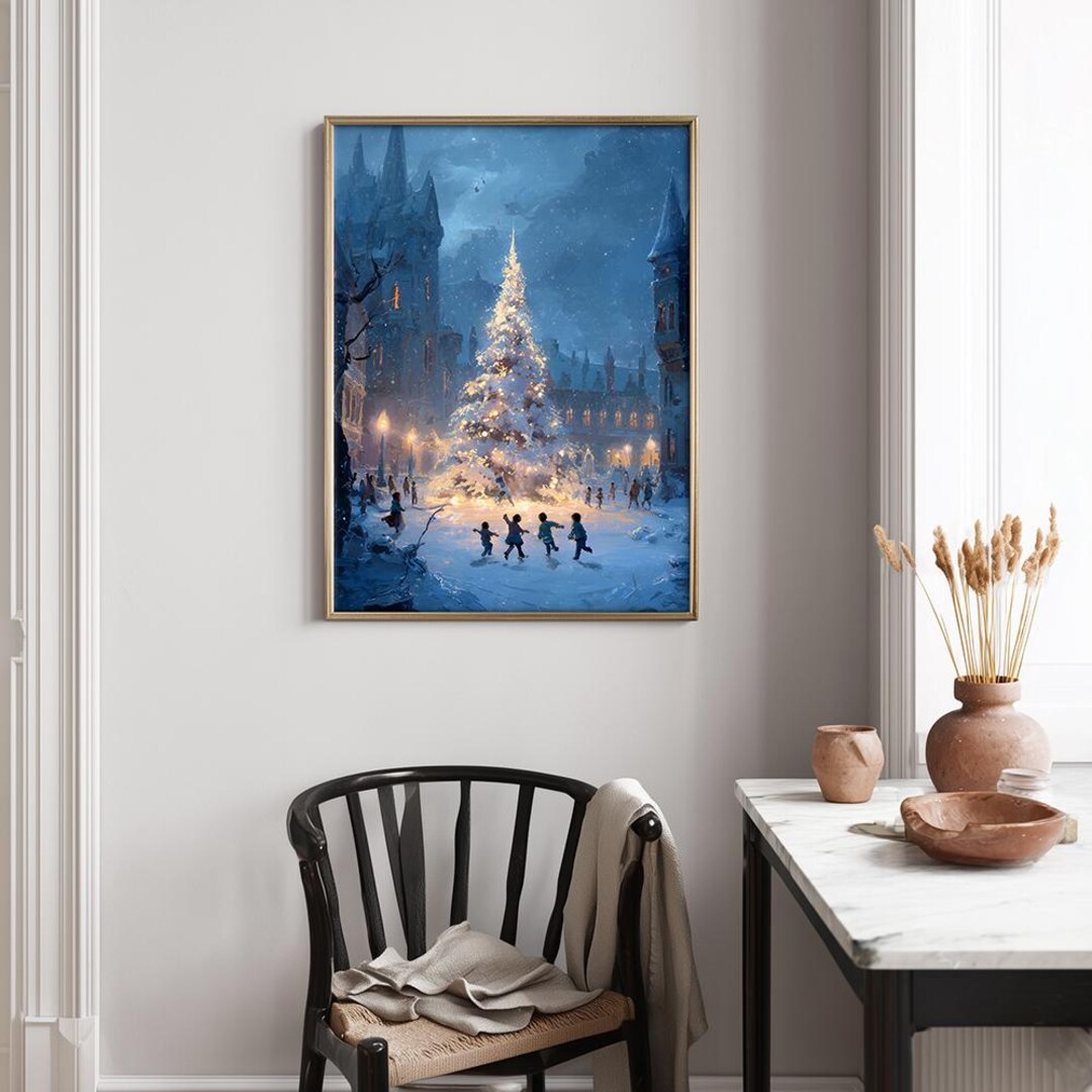 Victorian Christmas Town Art Print, Magical Winter Night Painting, Cozy ...
