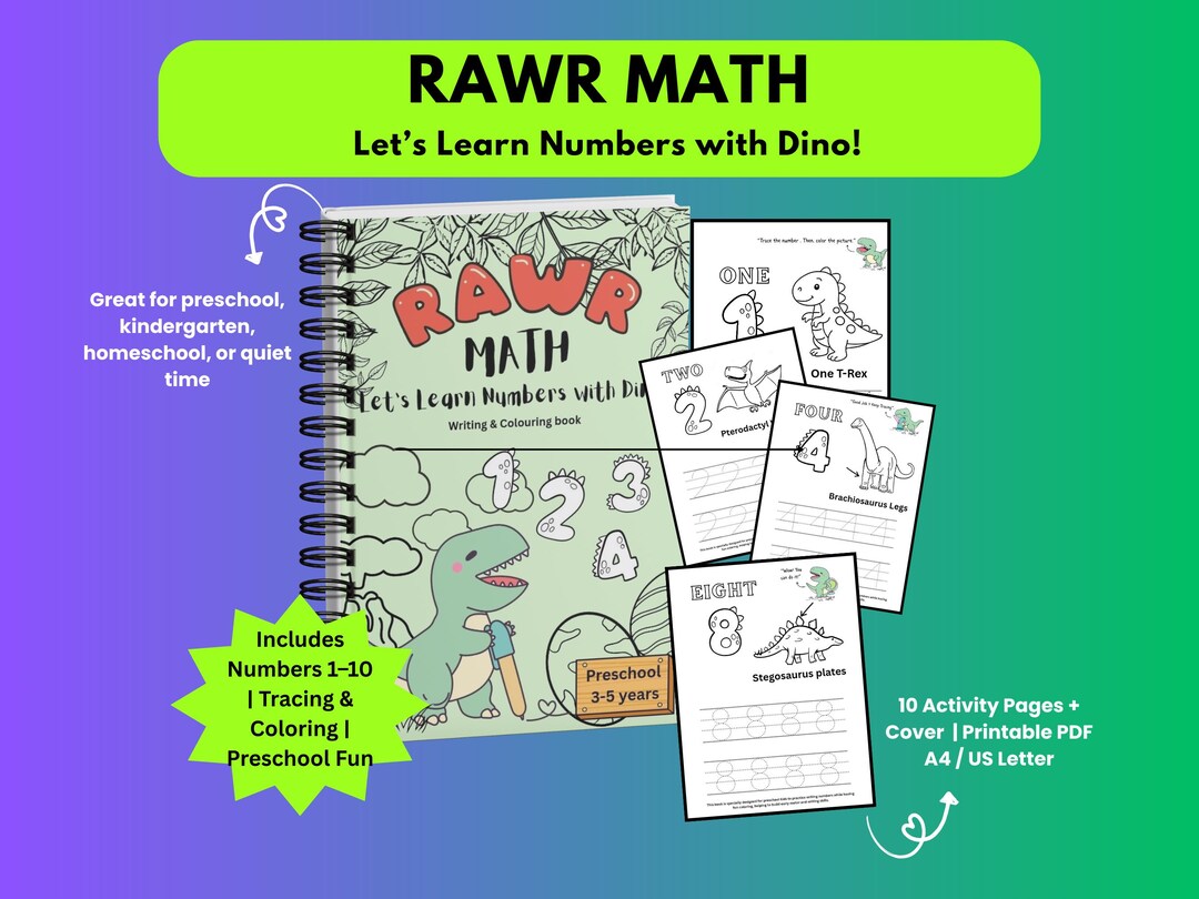 Dino Number Tracing Workbook | Preschool Math Coloring (PDF Download A4 ...