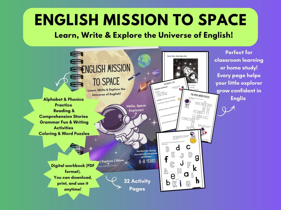 Space English Adventure Workbook (ages 6–8) | Grammar Learning - Etsy