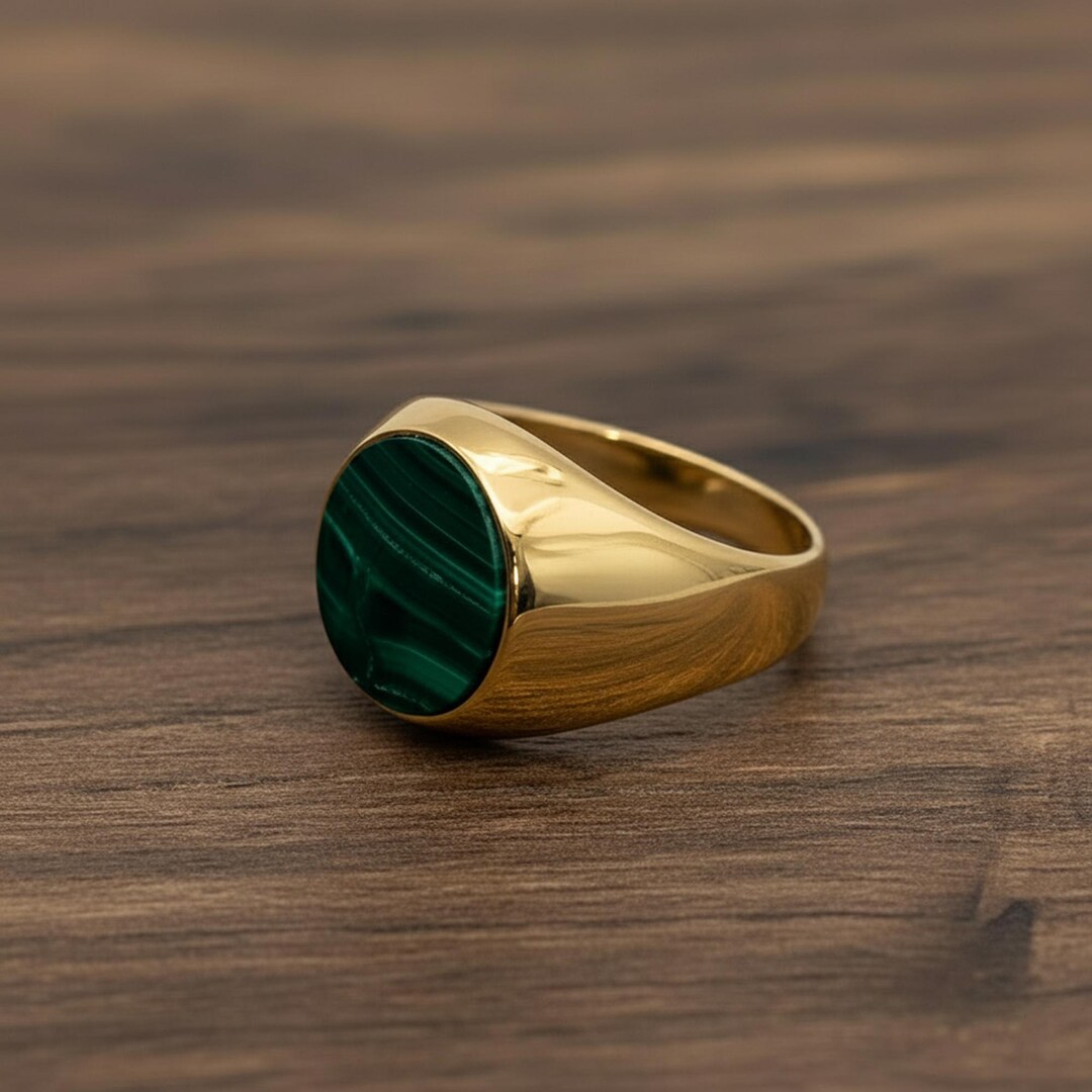 Handmade 14K Gold Plated Malachite Signet Ring, Boho Statement Jewelry ...