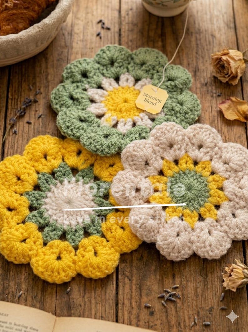 Handmade Crochet Flower Coasters – Daisy Cup Mats, Pastel Cotton Yarn ...