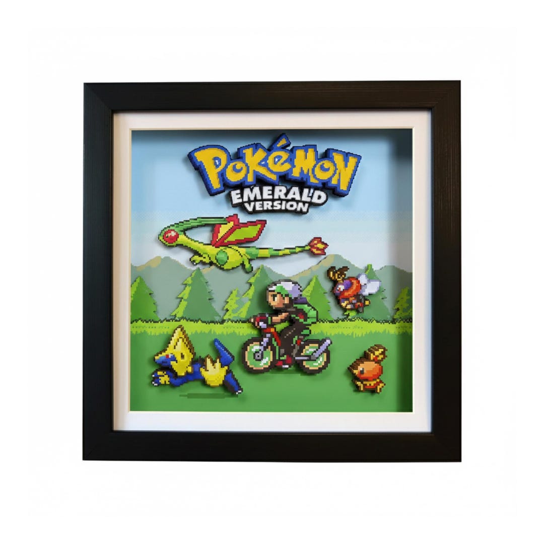 Pokemon Emerald Version 3D Shadow Box Rayquaza Retro GBA Wall Art Hoenn ...