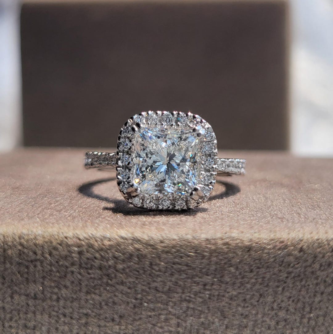 2 CT Princess Cut Halo Engagement Ring, 14K Gold Moissanite Ring, Round ...