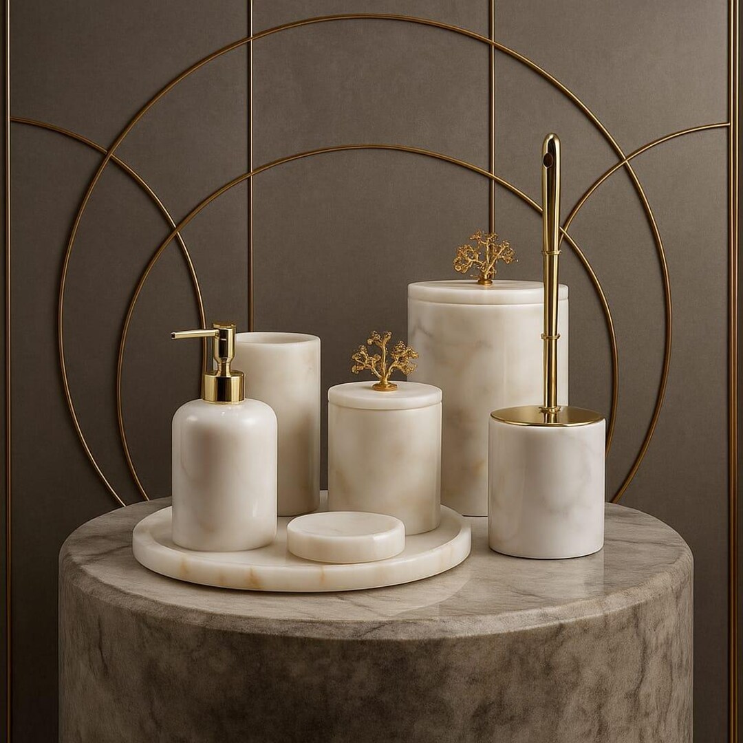 7-piece Marble Bathroom Set With Gold Accents - Etsy