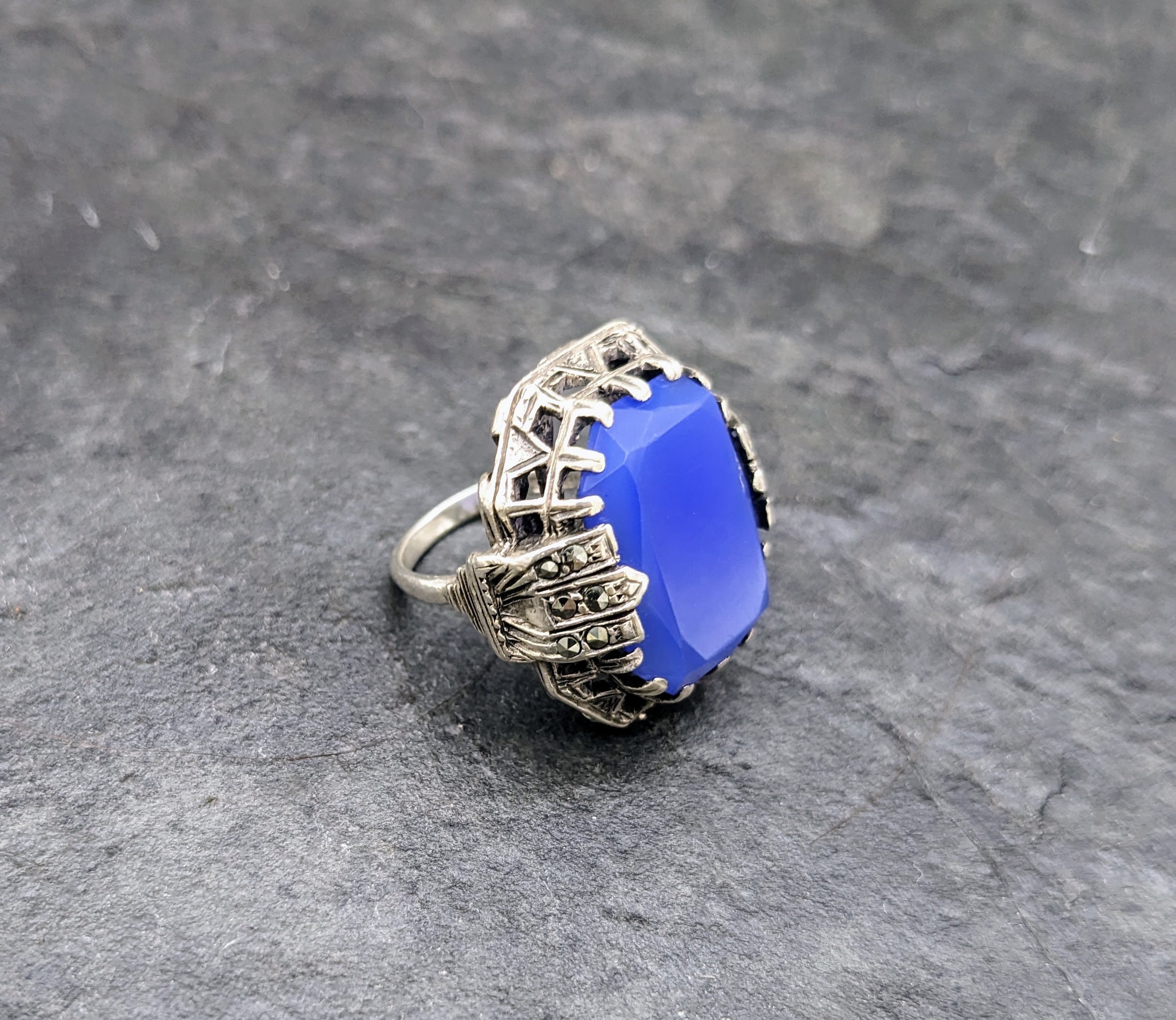 Antique Sterling Silver Ring Art Deco Filigree Blue Chaceldony Ring ...