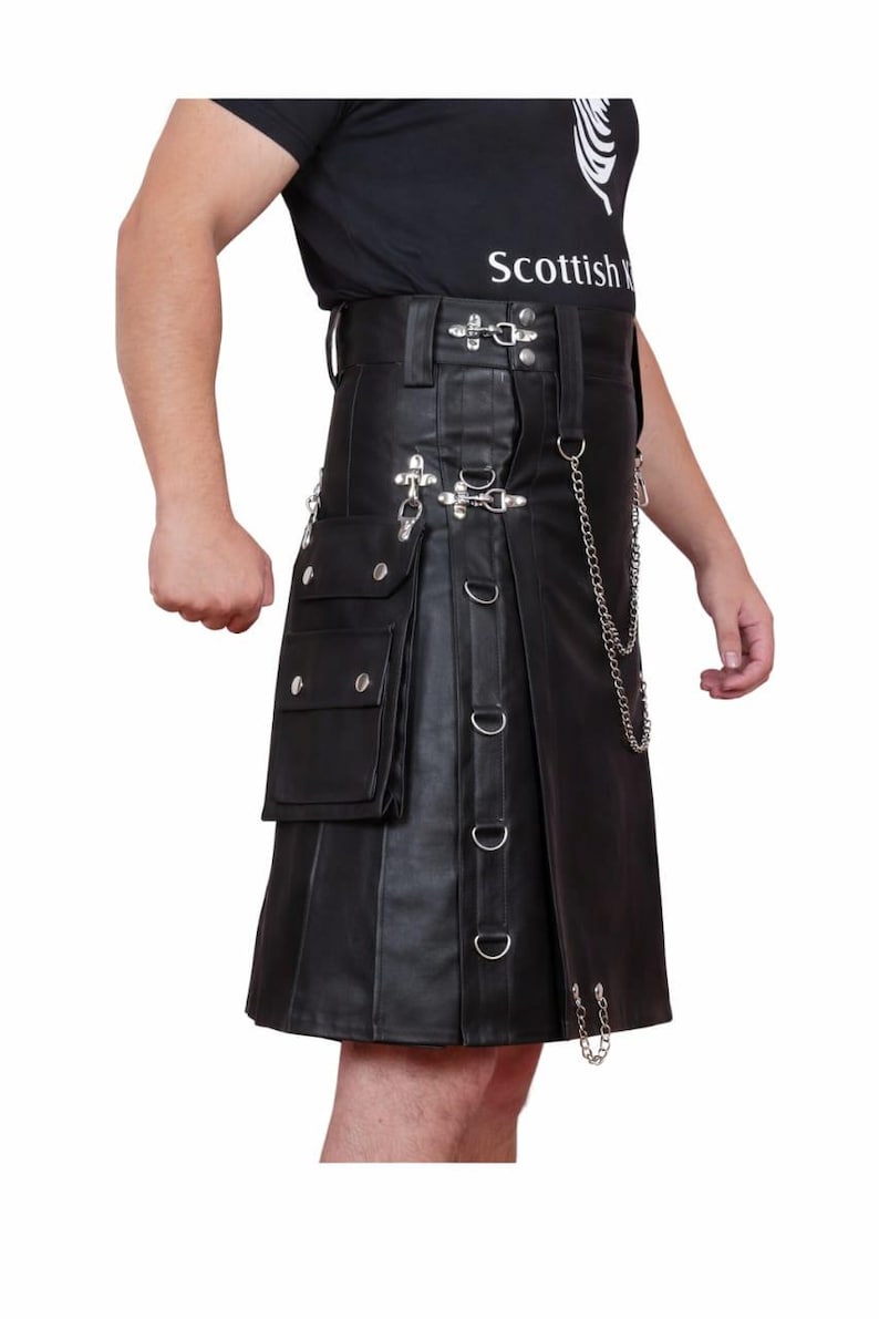 Gothic Leather Utility Kilt for Men Black Punk Style Kilt With Chains ...