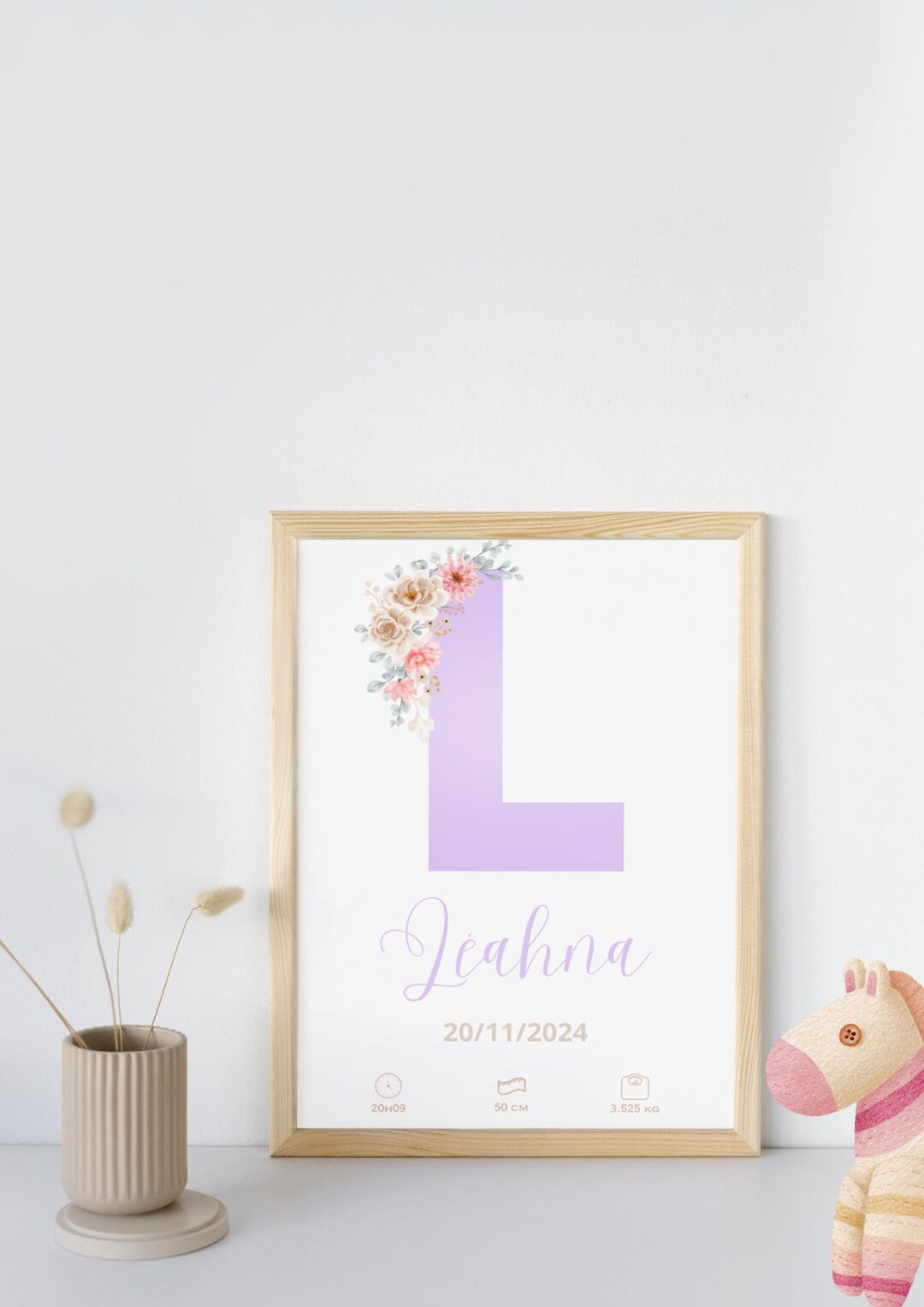 Personalized Birth Poster – Floral Letter (pink, Purple, Orange, Beige ...