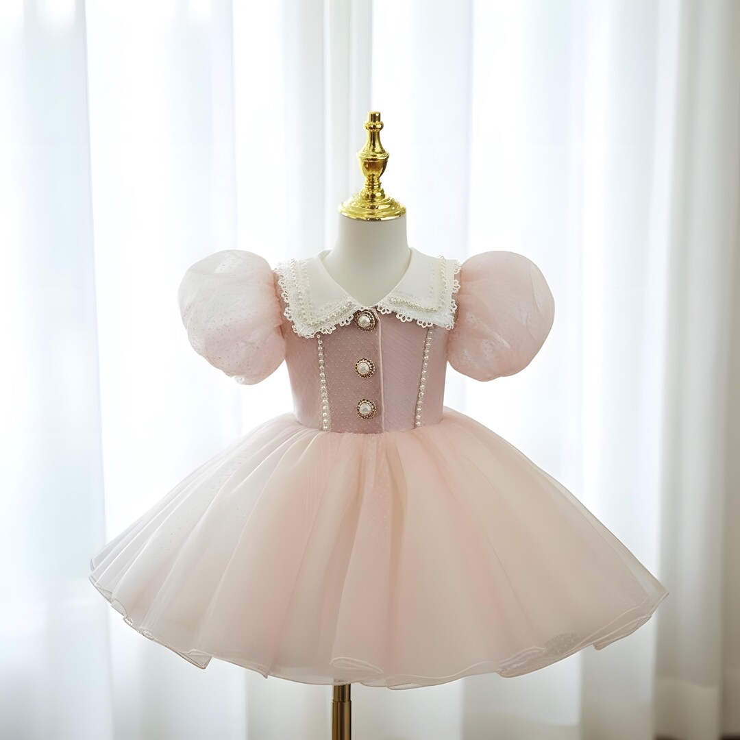 Vintage Pink Princess Dress | Puff Sleeves, Lace Collar & Pearl Buttons ...