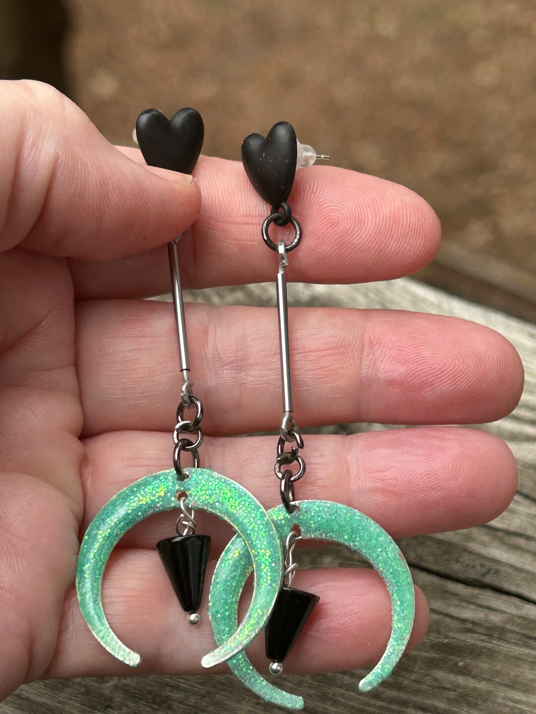 Long Half-moon Statement Earrings With Genuine Onyx Beads. Sterling ...