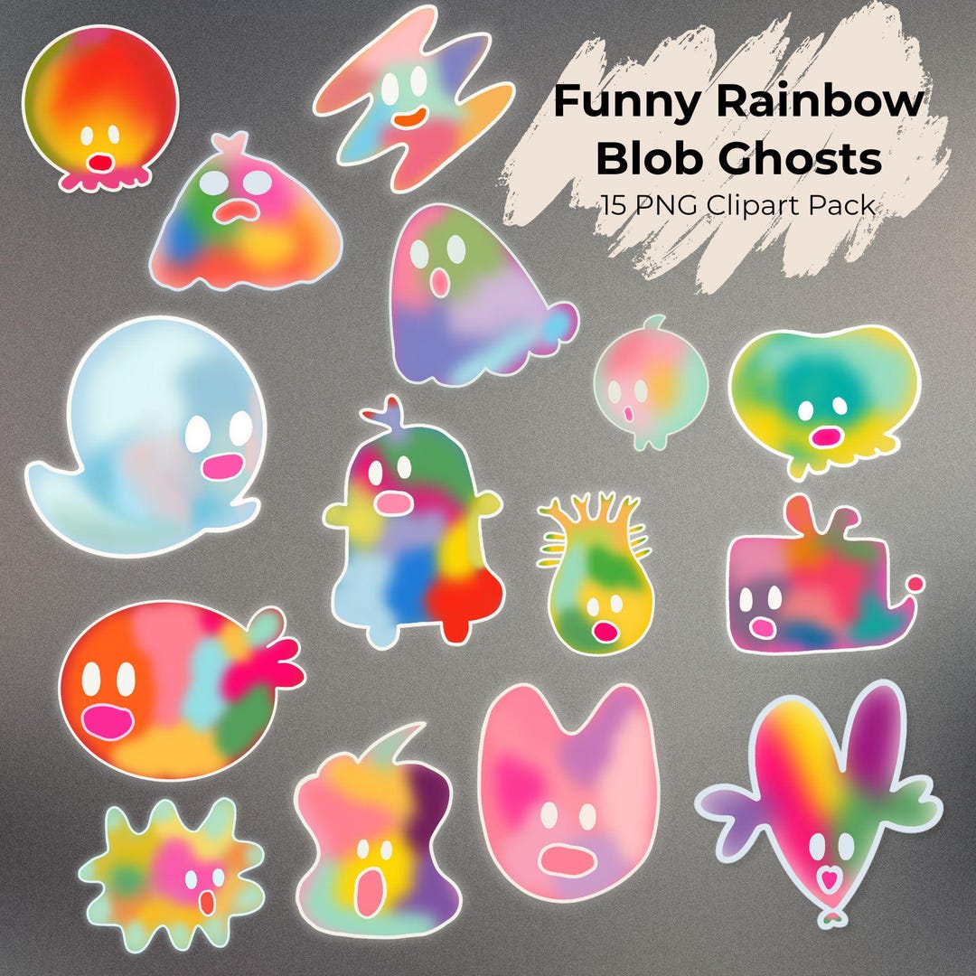 Rainbow Ghost Characters – 15 PNG Clipart Pack | Funny Sticker Set ...
