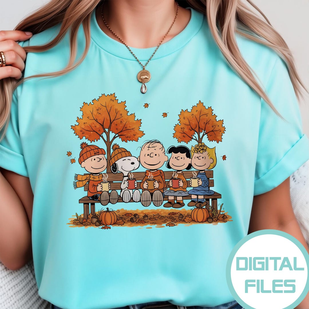 Snoopy Fall Friends PNG | Autumn Coffee Bench Scene, Peanuts ...