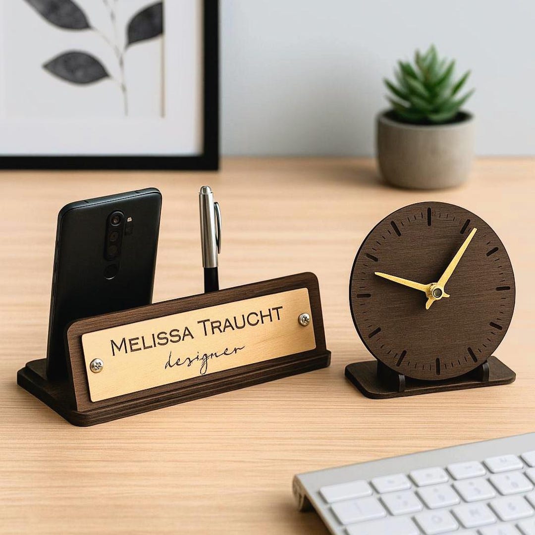 Personalized Wooden Desk Nameplate : Organizer & Phone Stand – Office ...