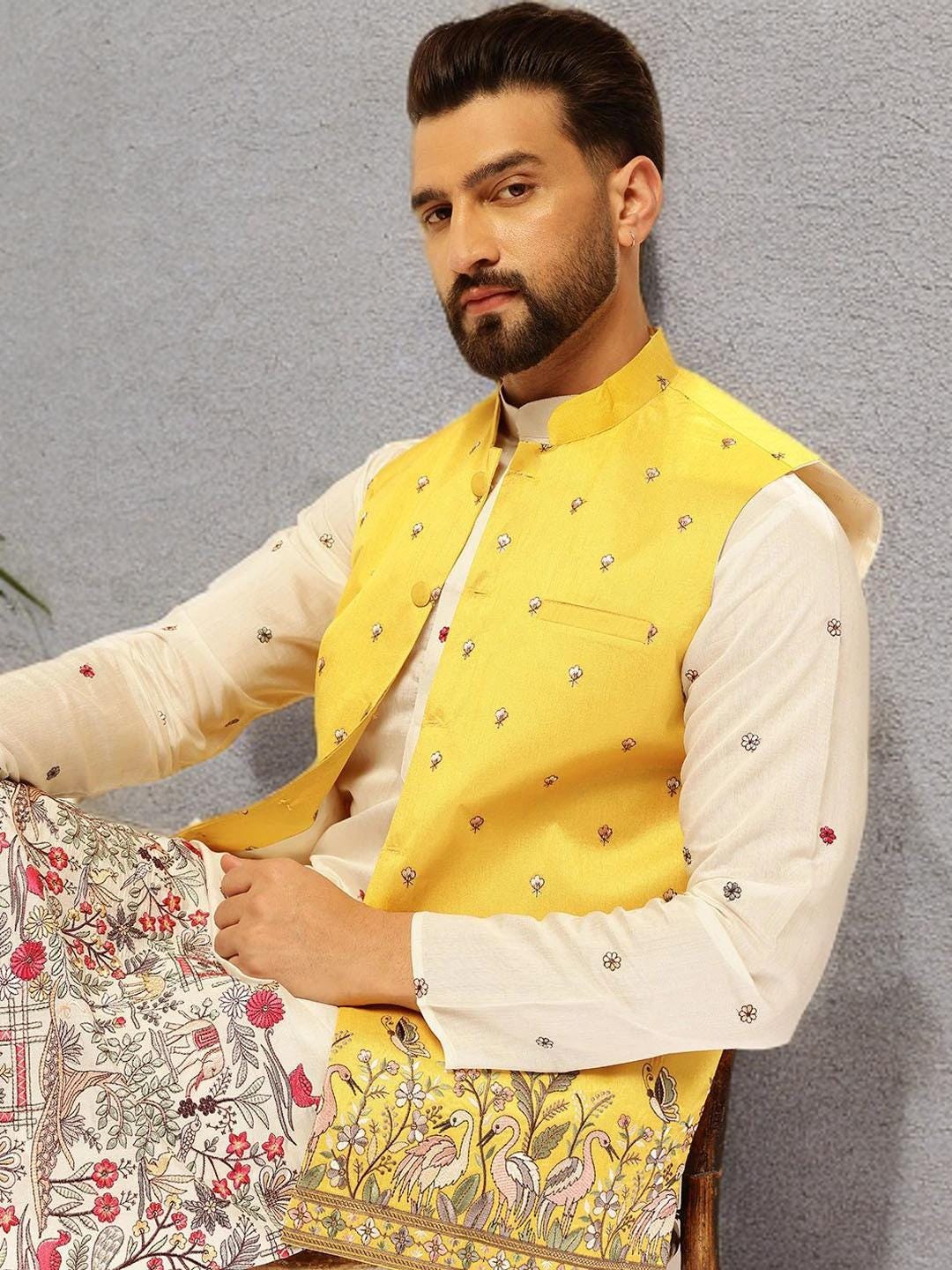Yellow Nehru Jacket Men, Embroidered Woven Mandarin Collar, Sleeveless ...