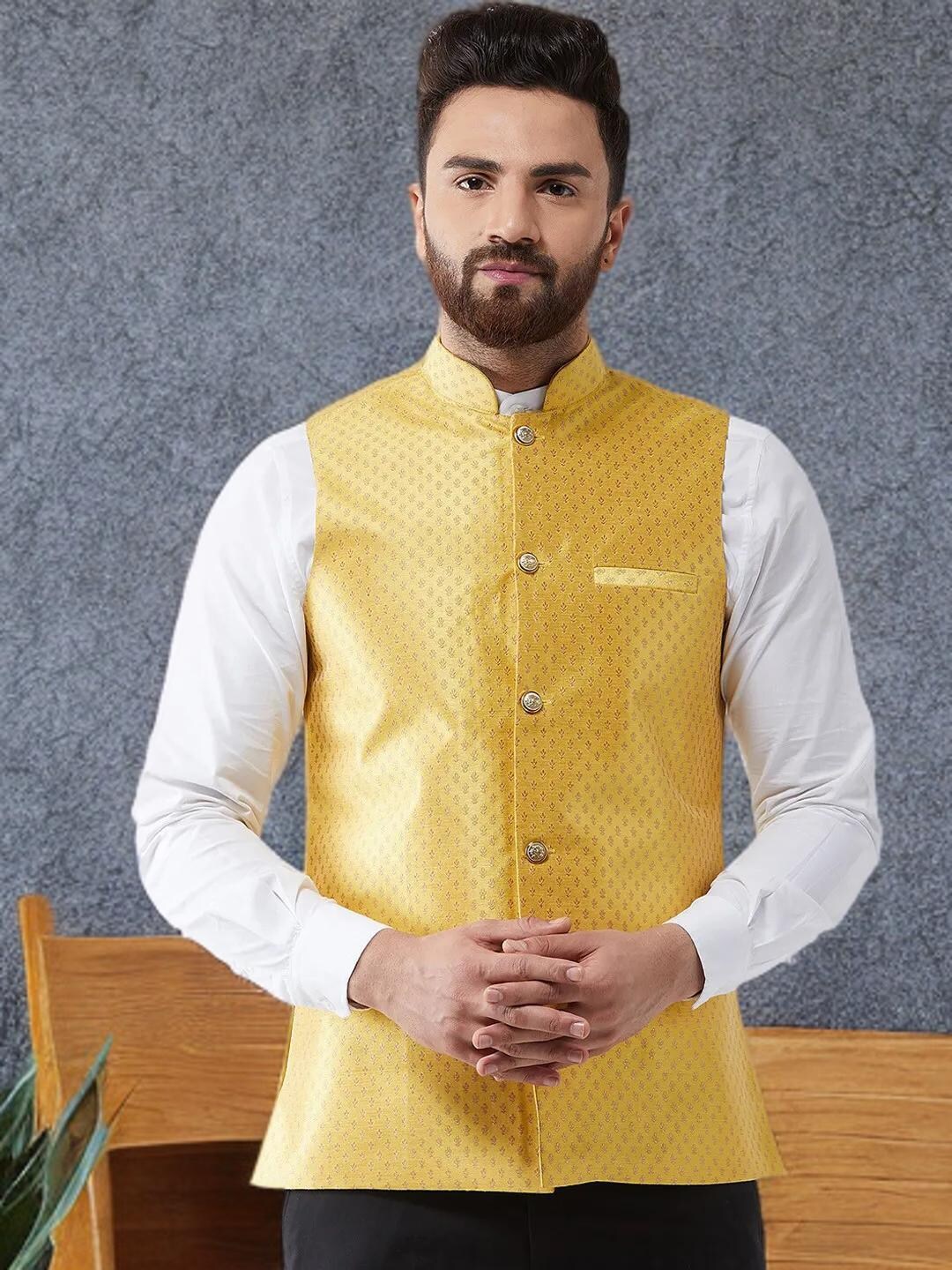 Yellow Woven Nehru Jacket, Silk Modi Vest Men, Wedding Groom Waistcoat ...