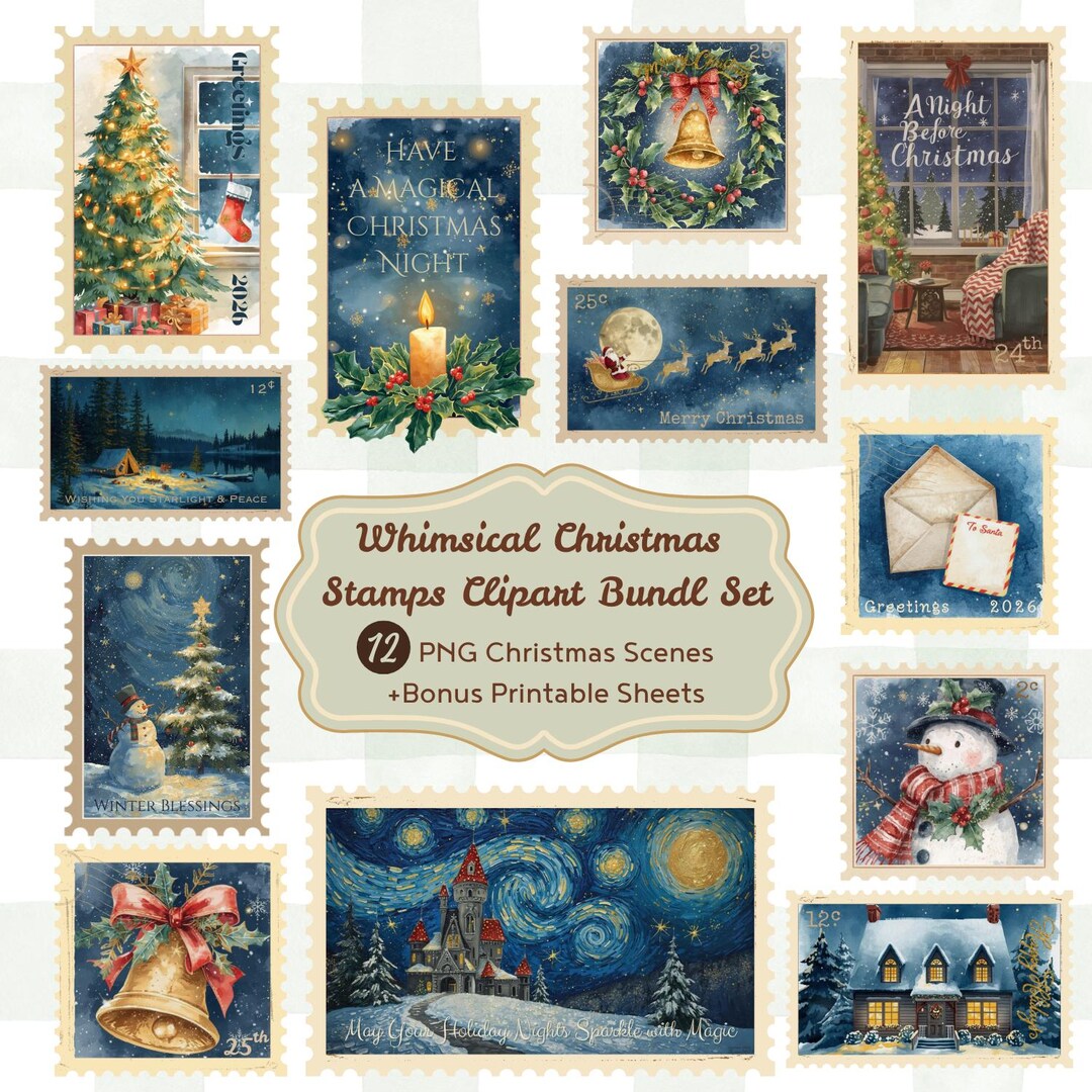 Whimsical Christmas Stamps Clipart Bundle – 12 PNG Scenes + Bonus ...