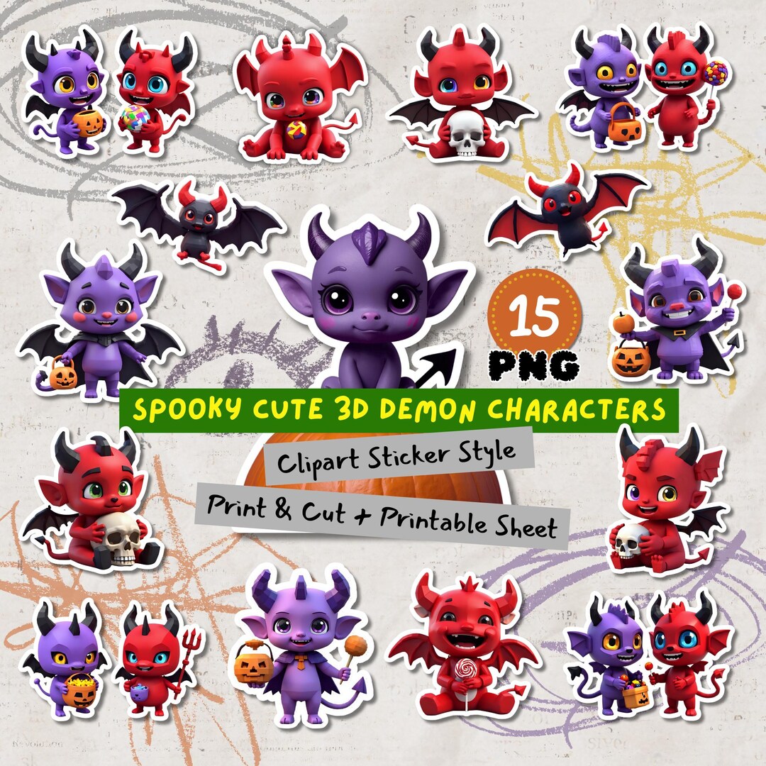 Spooky Cute 3D Demon Clipart PNG and Printable Sticker Set: Get Spooky ...