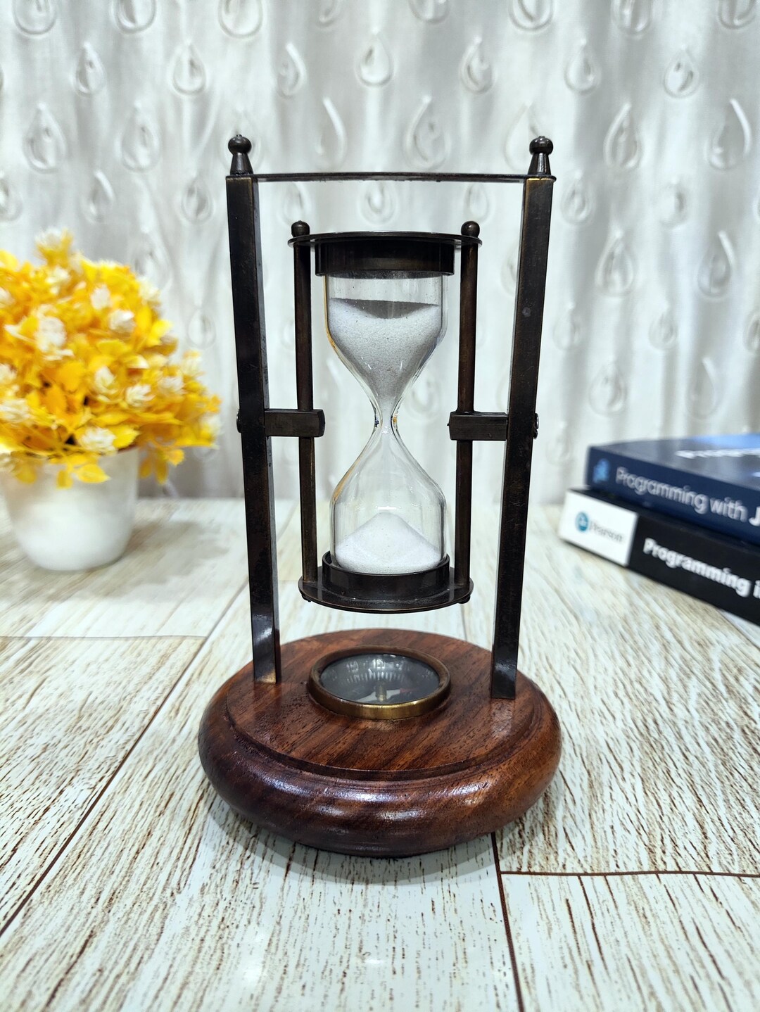 Engraved Hourglass With Compass | Personalized Antique Brass Sand Timer ...