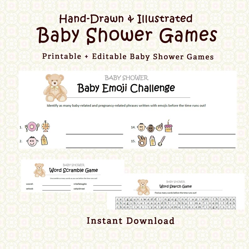 Baby Shower Games Bundle Printable | Baby Emoji Challenge, Word Search ...