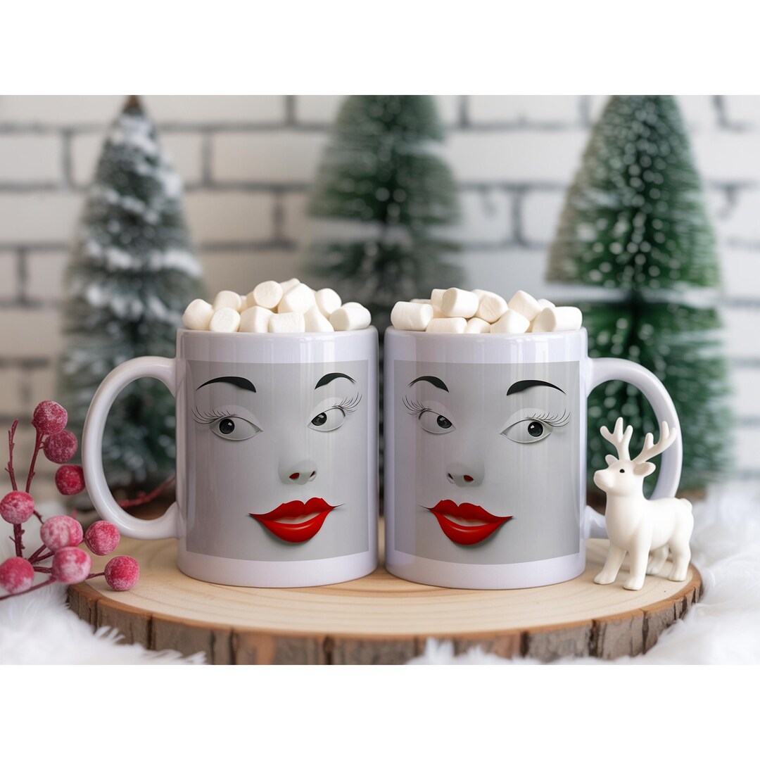 Vintage Face Mug, Retro Cartoon Lady Design Coffee Cup, Cute Red Lips ...
