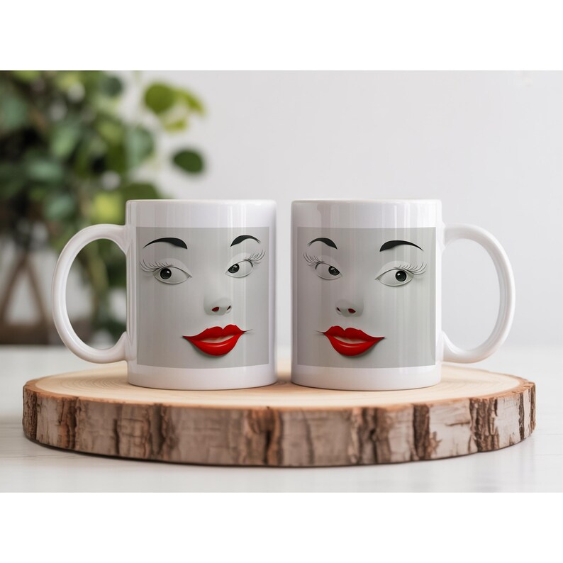 Vintage Face Mug, Retro Cartoon Lady Design Coffee Cup, Cute Red Lips ...