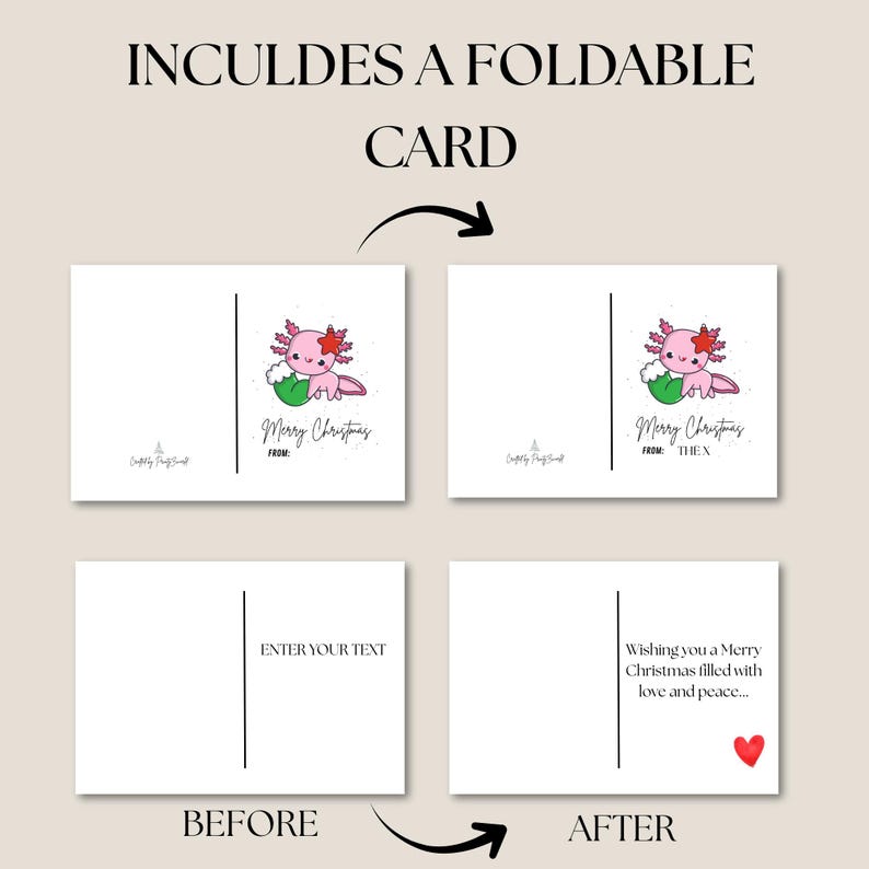 10 Cute Axolotl Printable Foldable Cards 7x10 Inches, DIY Greeting ...