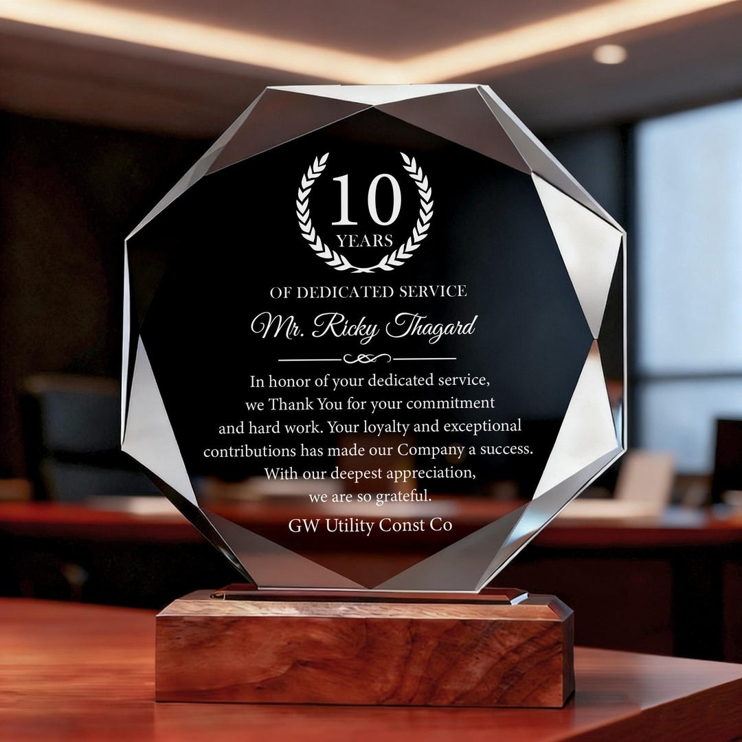 10 Years of Dedicated Service Award, Personalized Employee Crystal ...