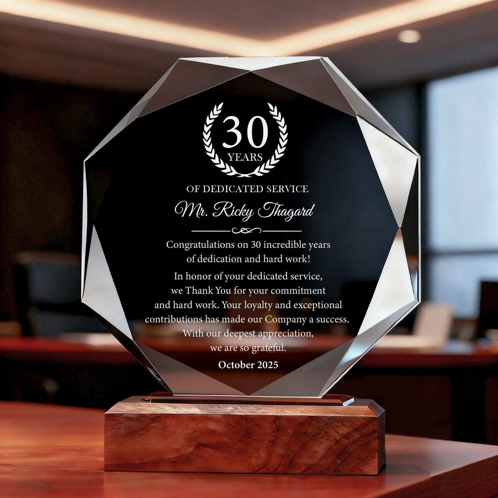 30 Years of Dedicated Service Award, Personalized Employee Crystal ...