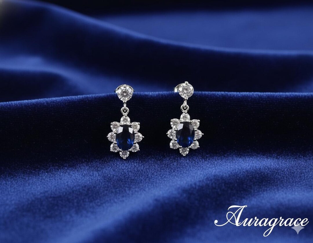 Royal Blue Oval Drop Earrings, Sapphire Color Cluster Dangles, Elegant ...
