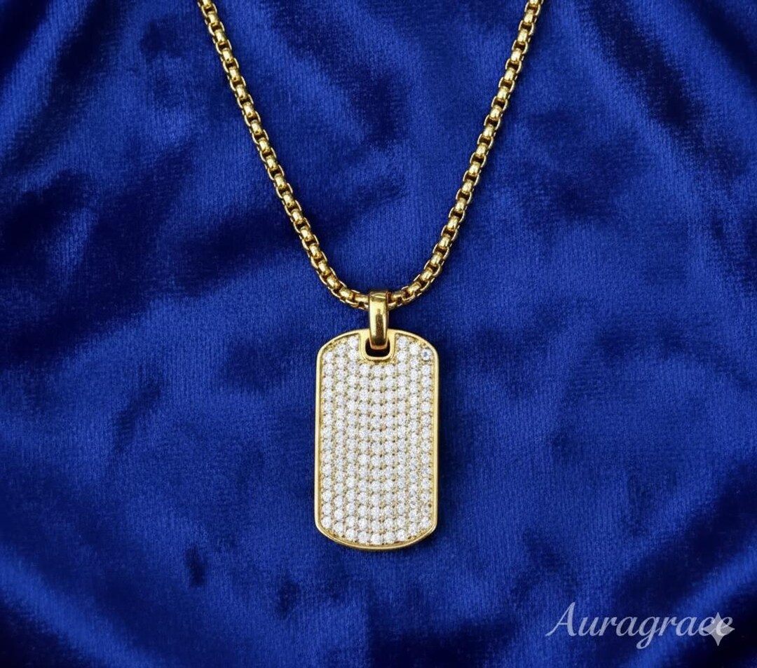 Iced Out Crystal Dog Tag Necklace, 14k Gold Plated Box Chain - Etsy