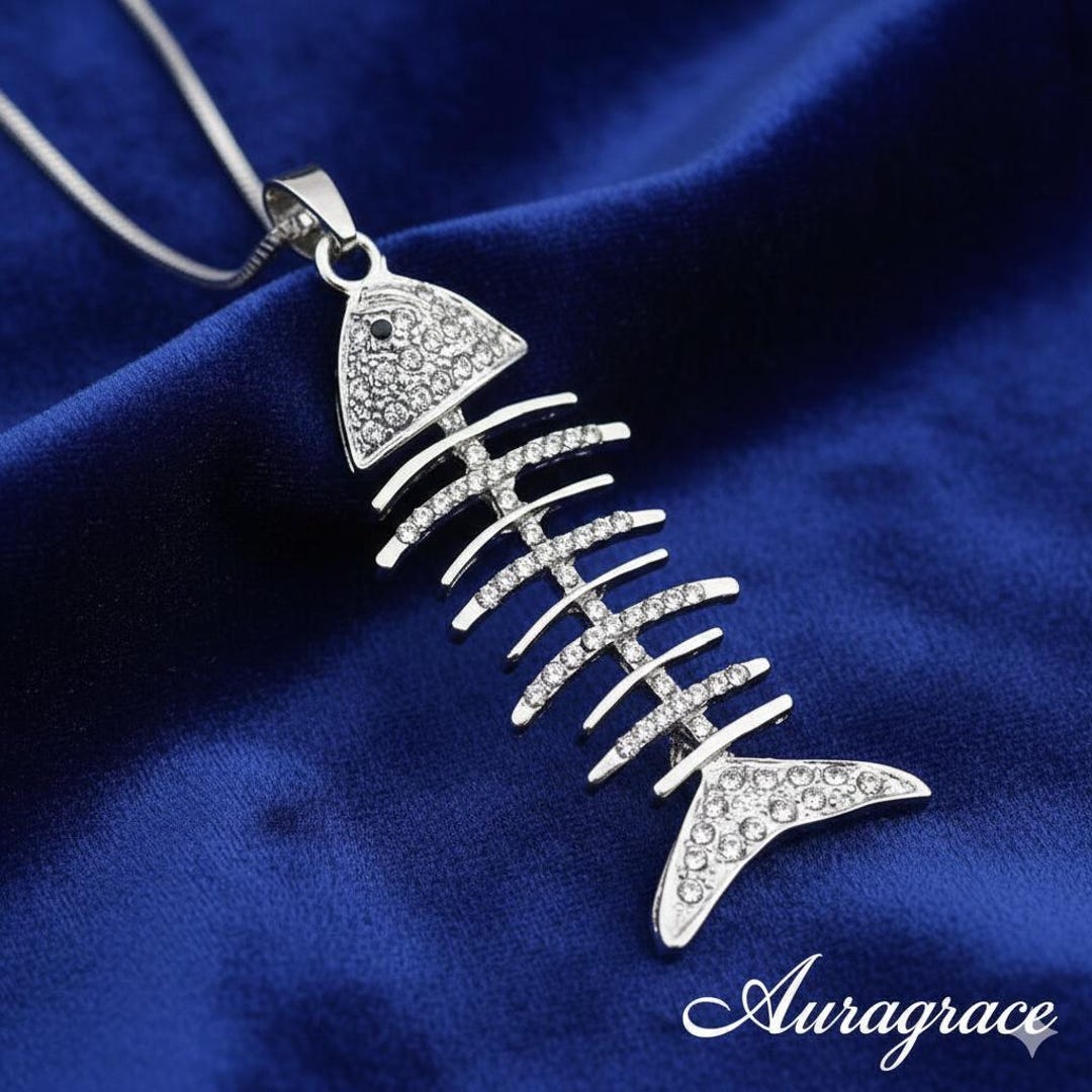 Moissanite Fish Skeleton Necklace | Silver Fishbone Charm Pendant ...