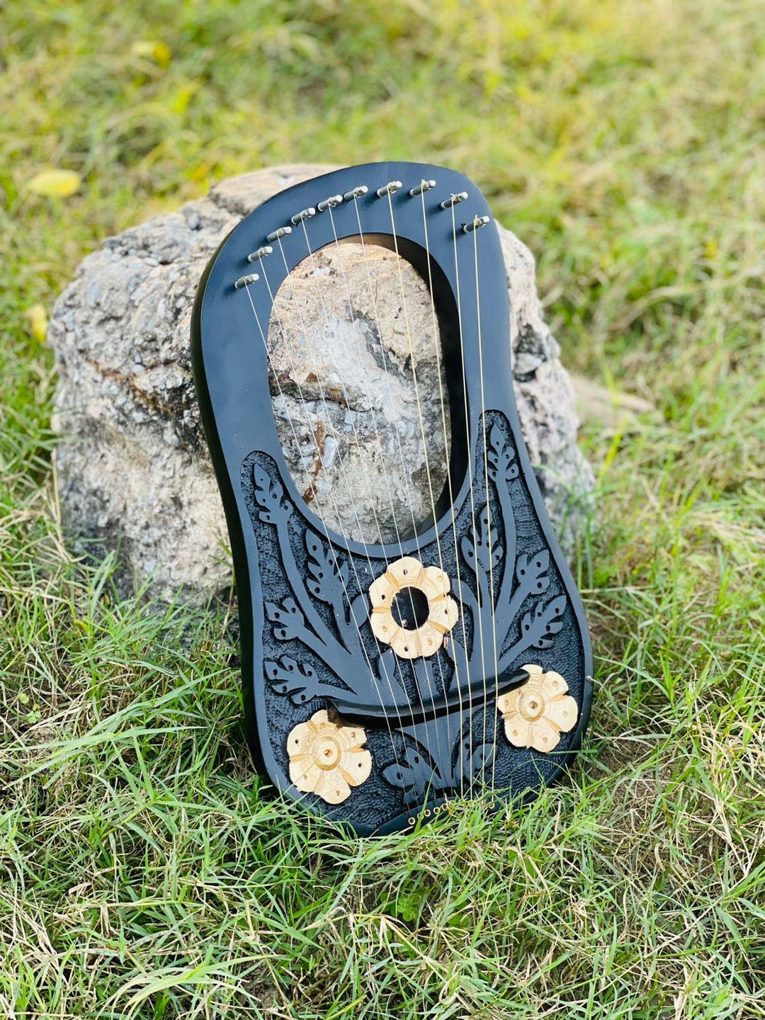Rosewood 10 String Lyre Harp – Black & Gold Flower Lyre Musical Lyre ...