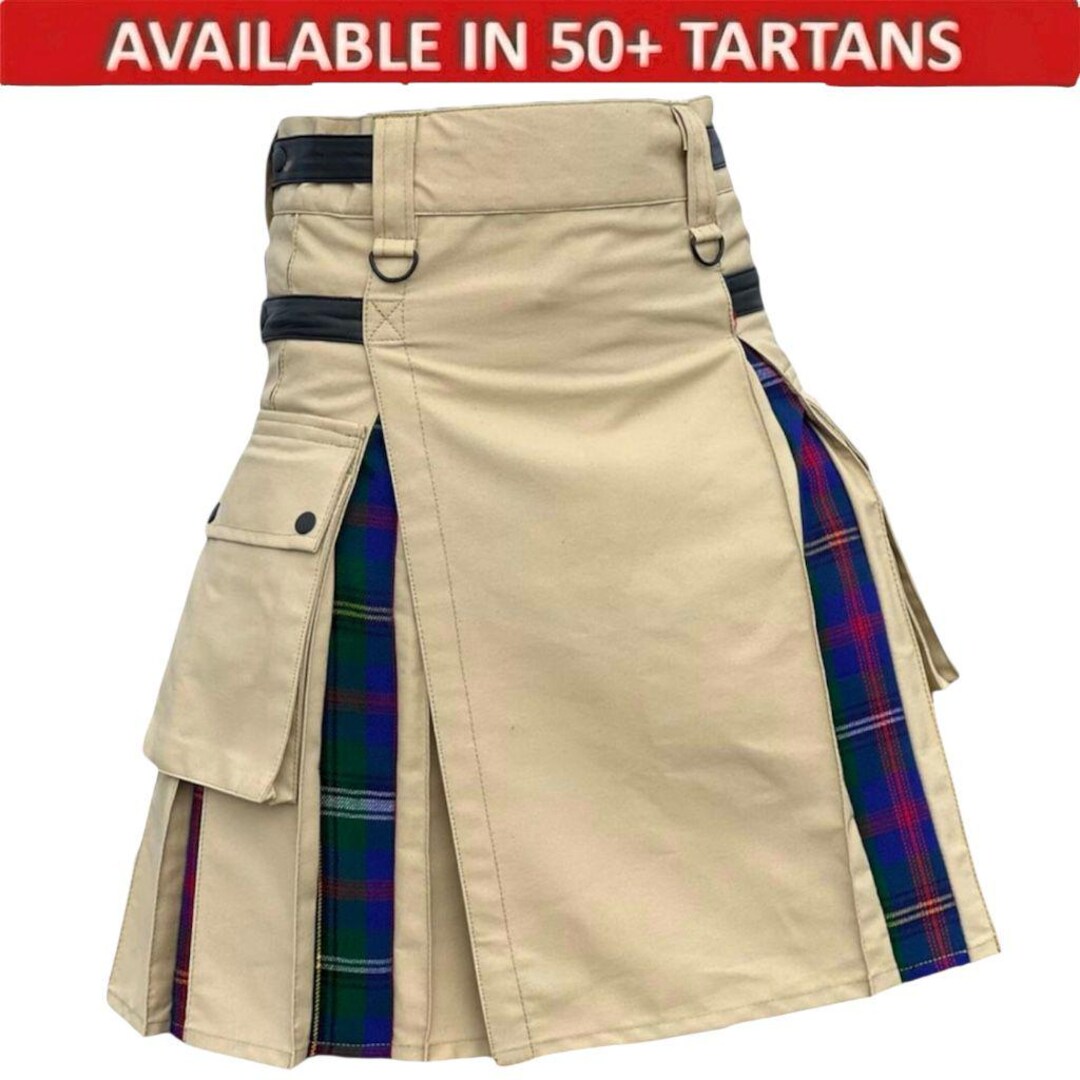 Men’s Modern Hybrid Leather Strap Kilt | Khaki Cotton With Tartan ...