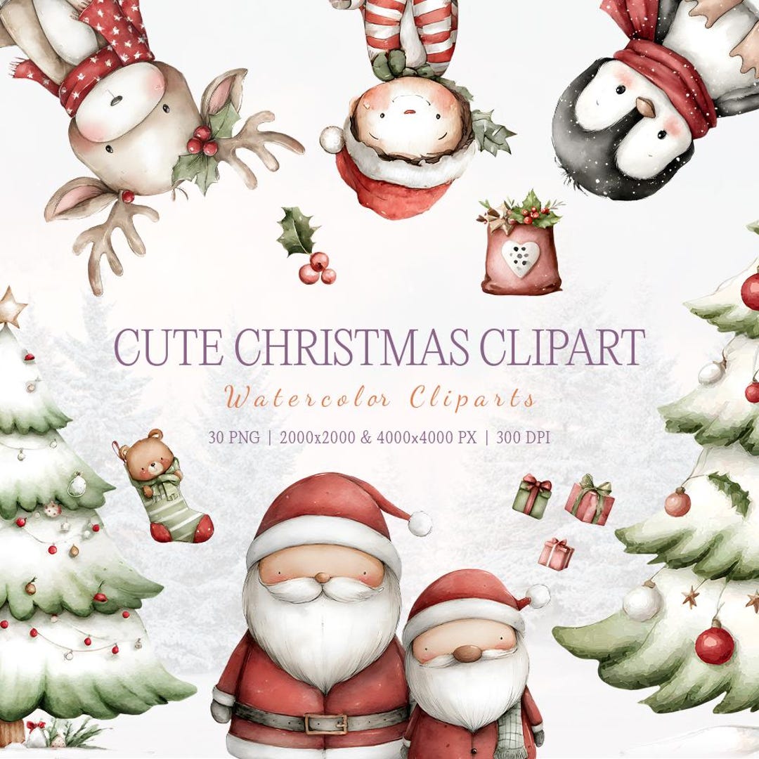 Watercolor Christmas Clipart Set, Santa, Winter Animals (digital ...