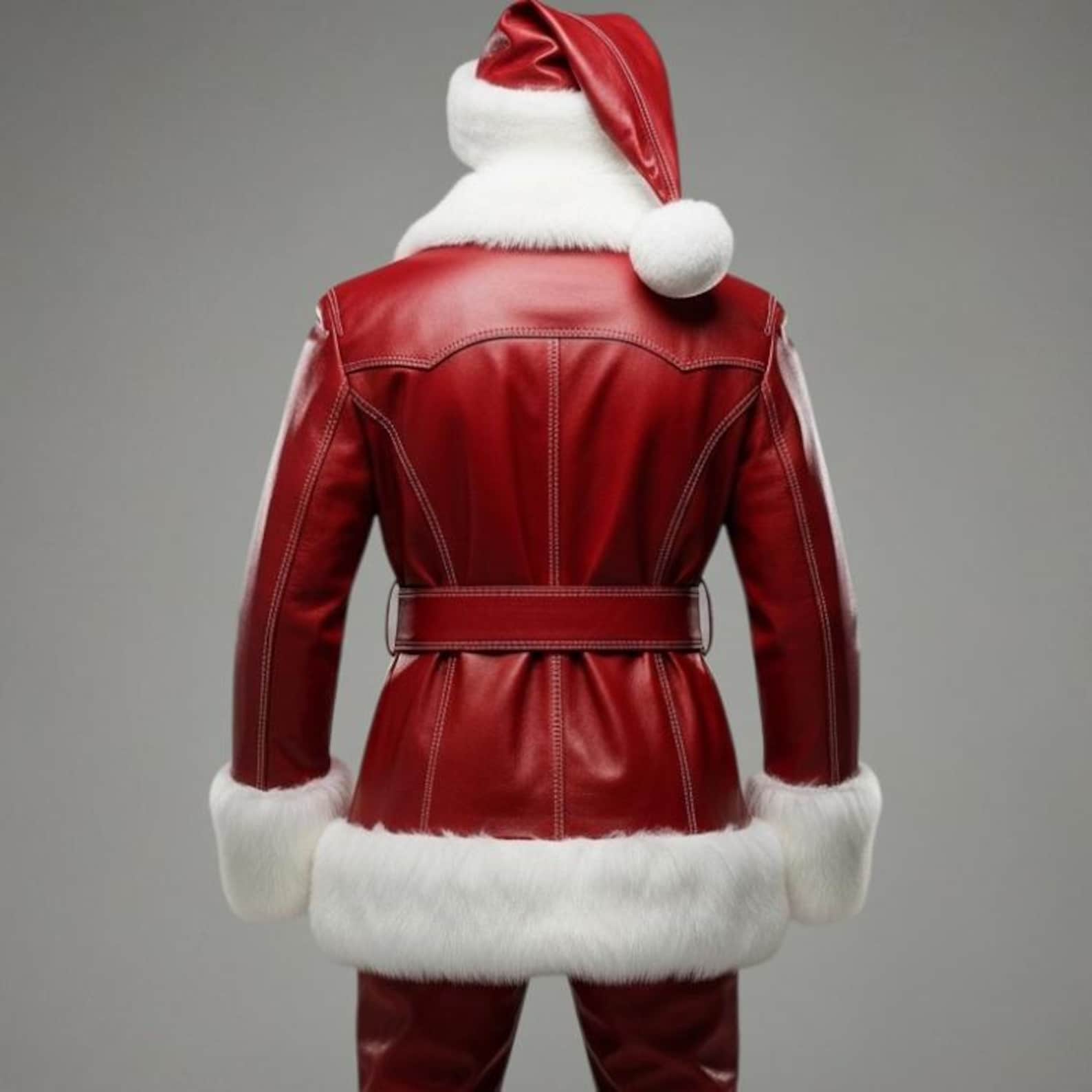 Handmade Red Leather Santa Suit : Hat , Coat & Pants With Fur Trim ...