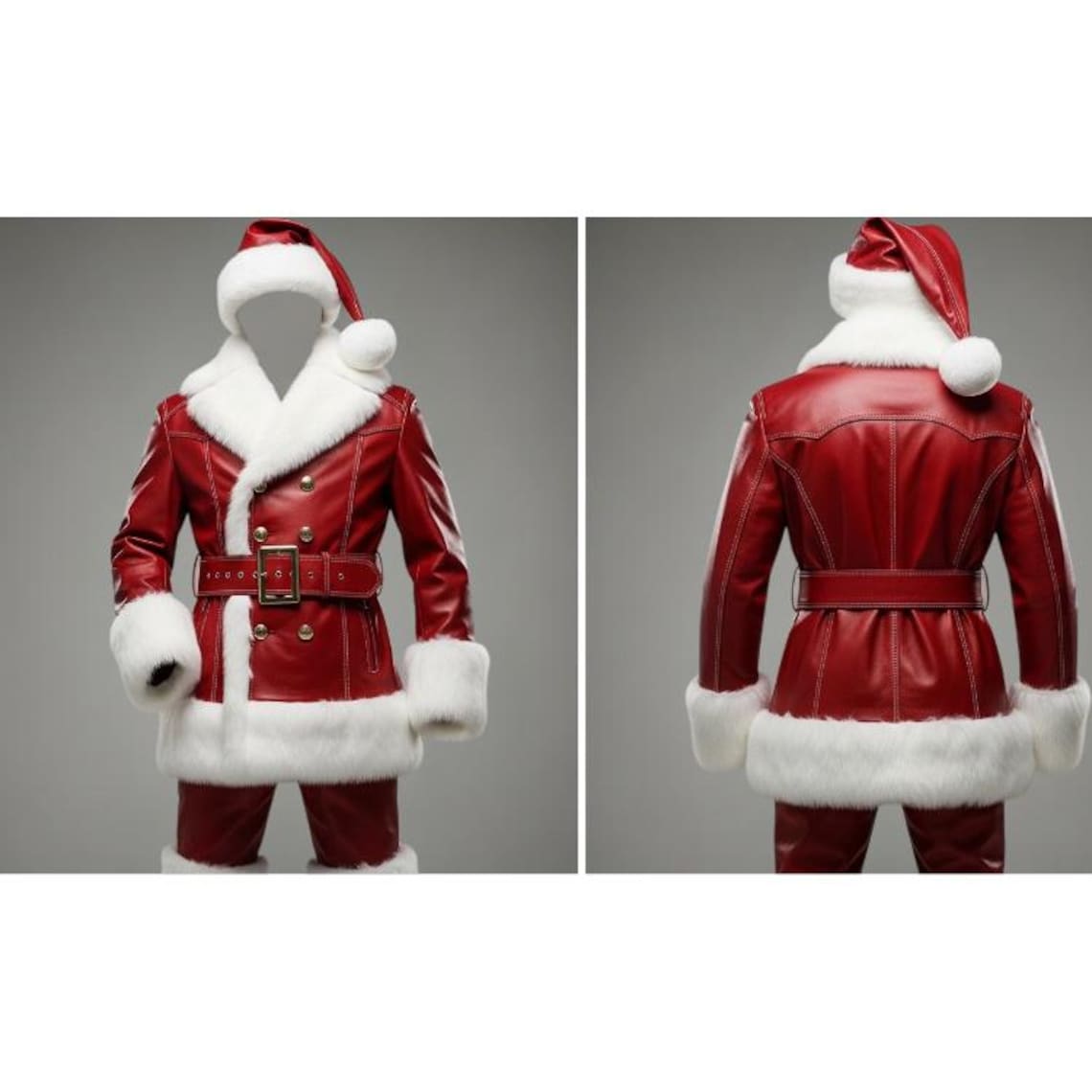 Handmade Red Leather Santa Suit : Hat , Coat & Pants With Fur Trim ...