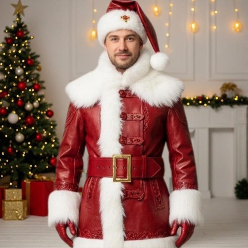 Premium Leather Santa Suit for Men: Full Christmas Costume With Fur ...