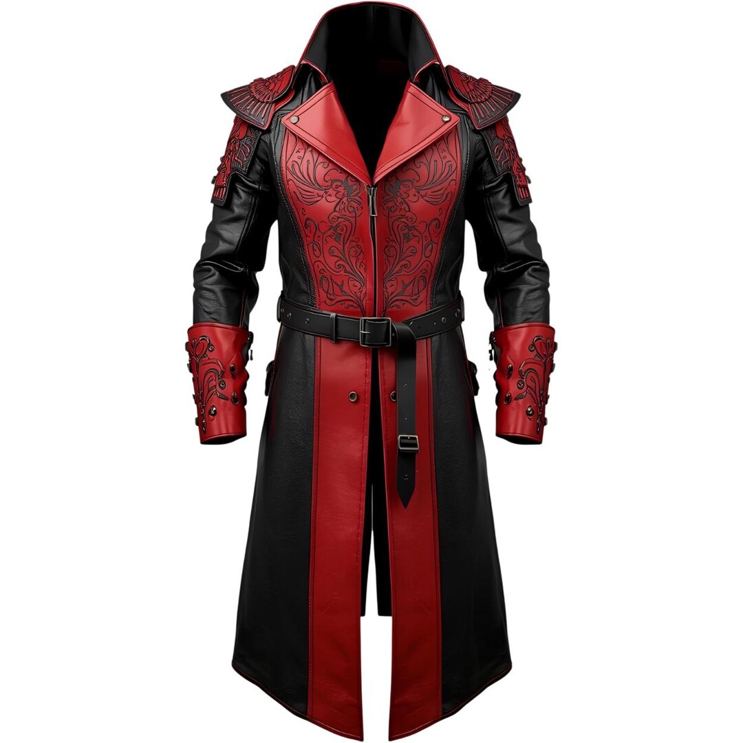 Men's Gothic Vampire Leather Trench Coat - Red & Black Steampunk Duster ...
