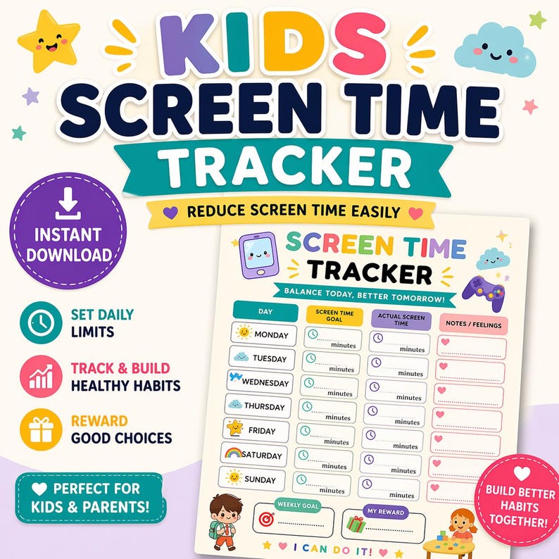 Kids Screen Time Tracker Printable | Daily Screen Limit Chart for Kids ...