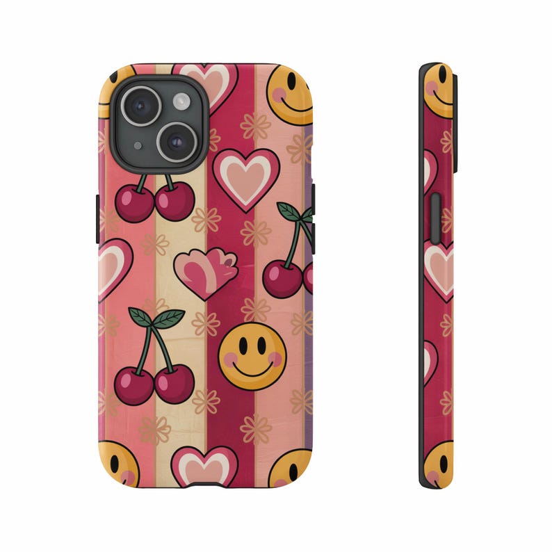 Smiley Face Cherry Hearts iPhone Case, Trendy Fun Accessory - Etsy