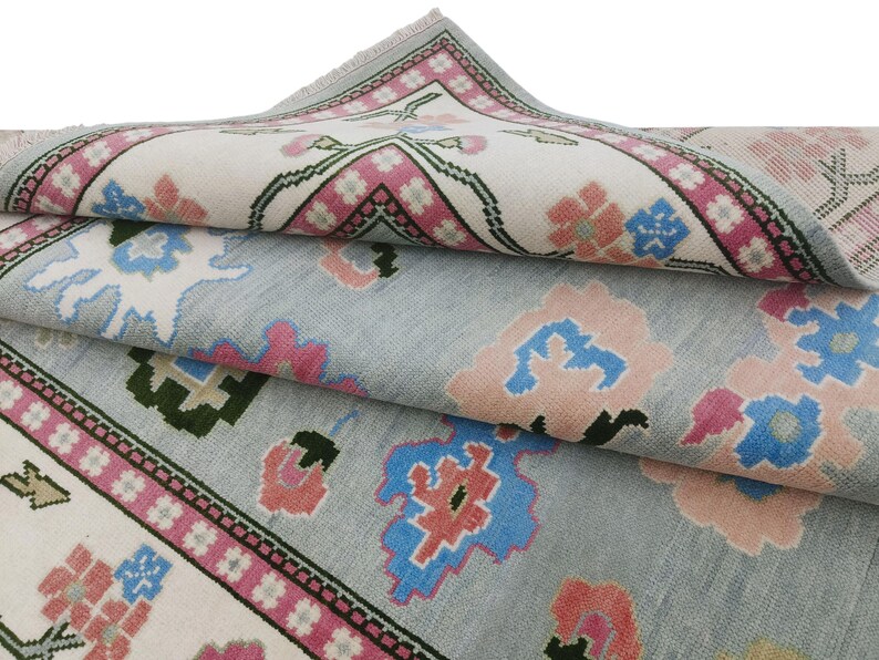 Pastel Hand-knotted Oushak Rug: Soft Light Blue Wool Turkish Carpet ...
