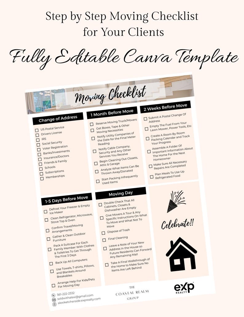 Real Estate Moving Checklist Flyer: Editable Canva Template (digital ...