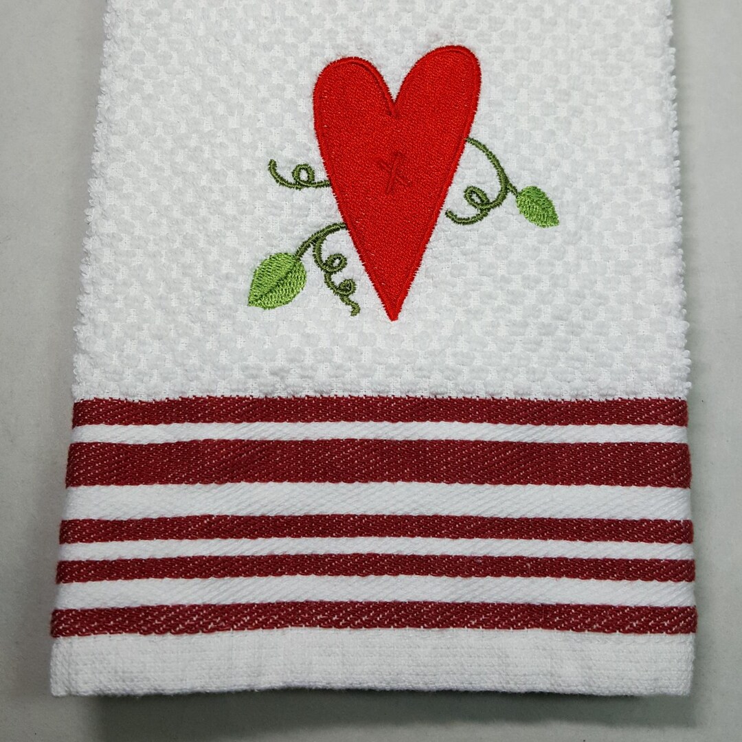 Heart Towel, Embroidered Heart, White and Red Cotton Towel, Home ...