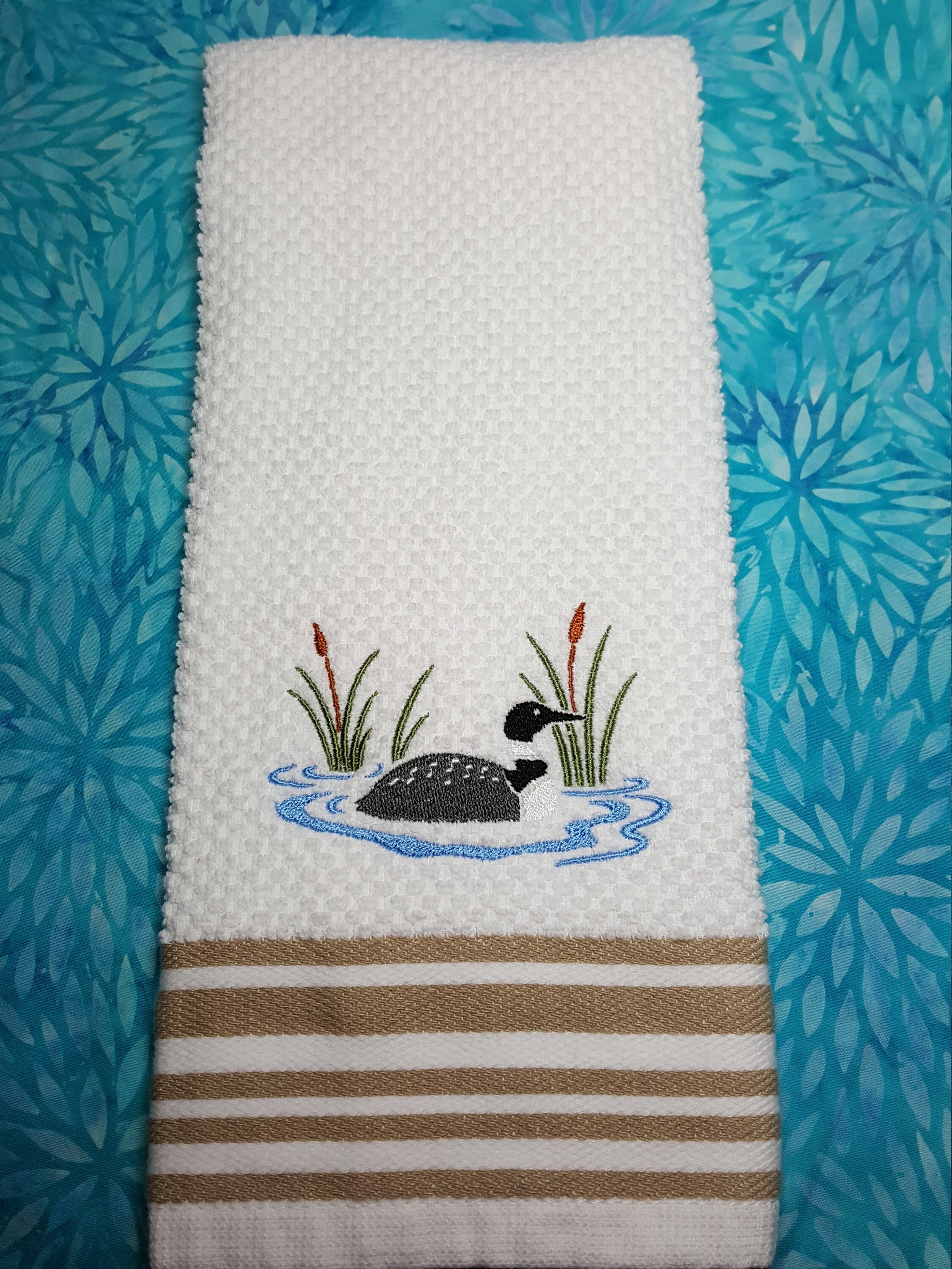 Loon Kitchen Towel, Loon Embroidery, Common Loon and Cattails, Cabin ...