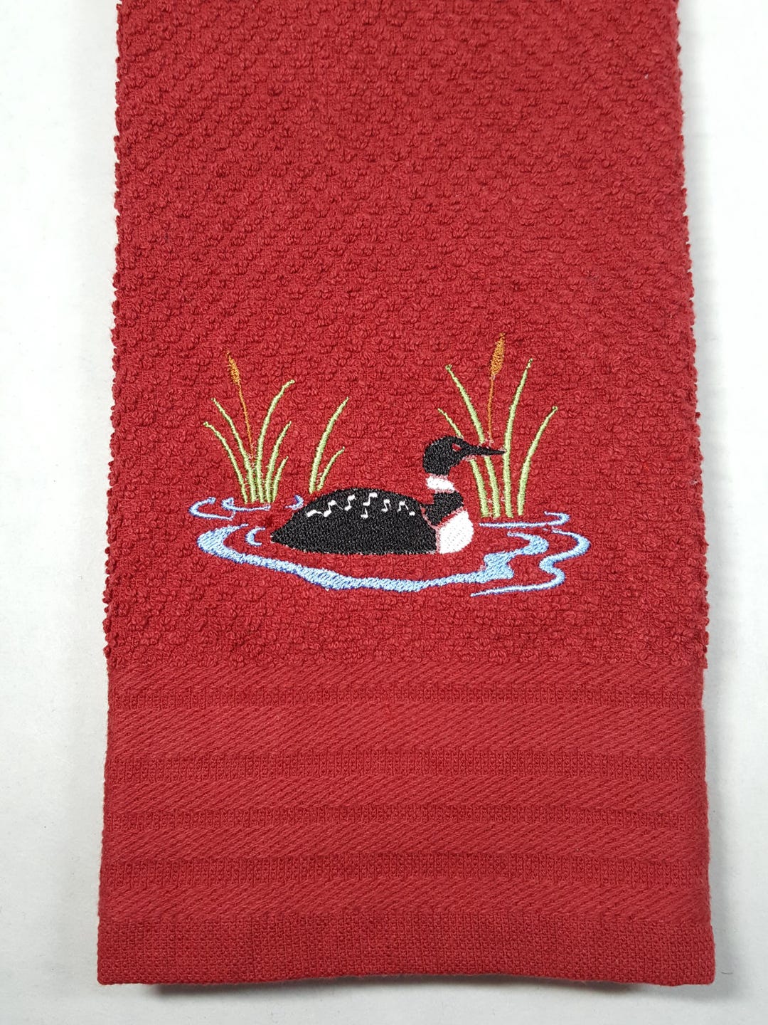 Common Loon Embroidery, Kitchen Towel, Loon With Cattails, Home Decor ...